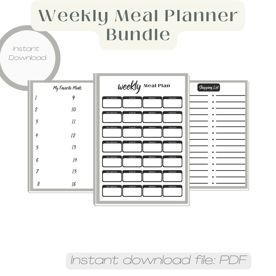 Black & White Weekly Meal Plan Bundle Shopping List and Favorite Meals ...