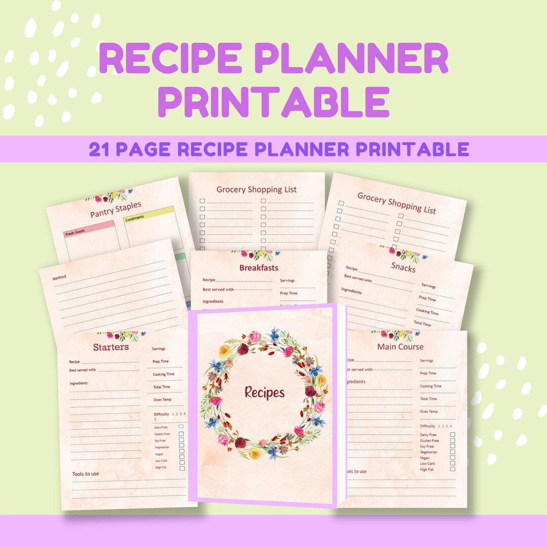 RECIPE PLANNER Templates/printables Including Grocery Shopping/meal ...