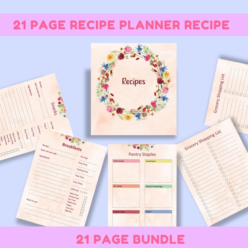 RECIPE PLANNER Templates/printables Including Grocery Shopping/meal ...