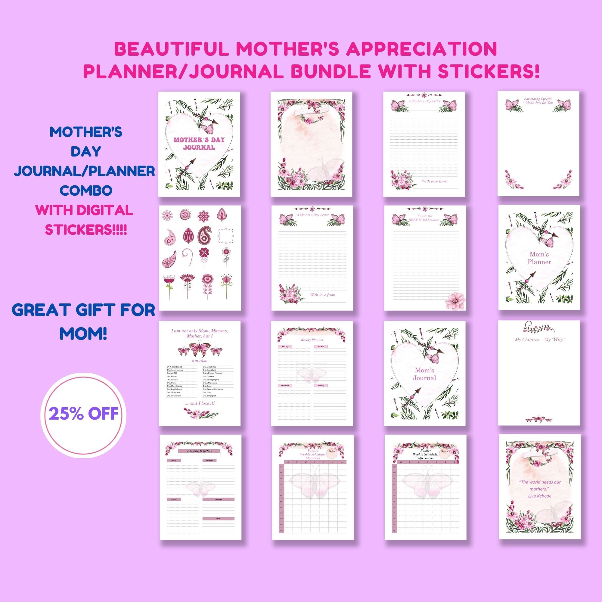 MOTHER'S APPRECIATION Journal/planner With Digital Stickers! 40 Pages ...