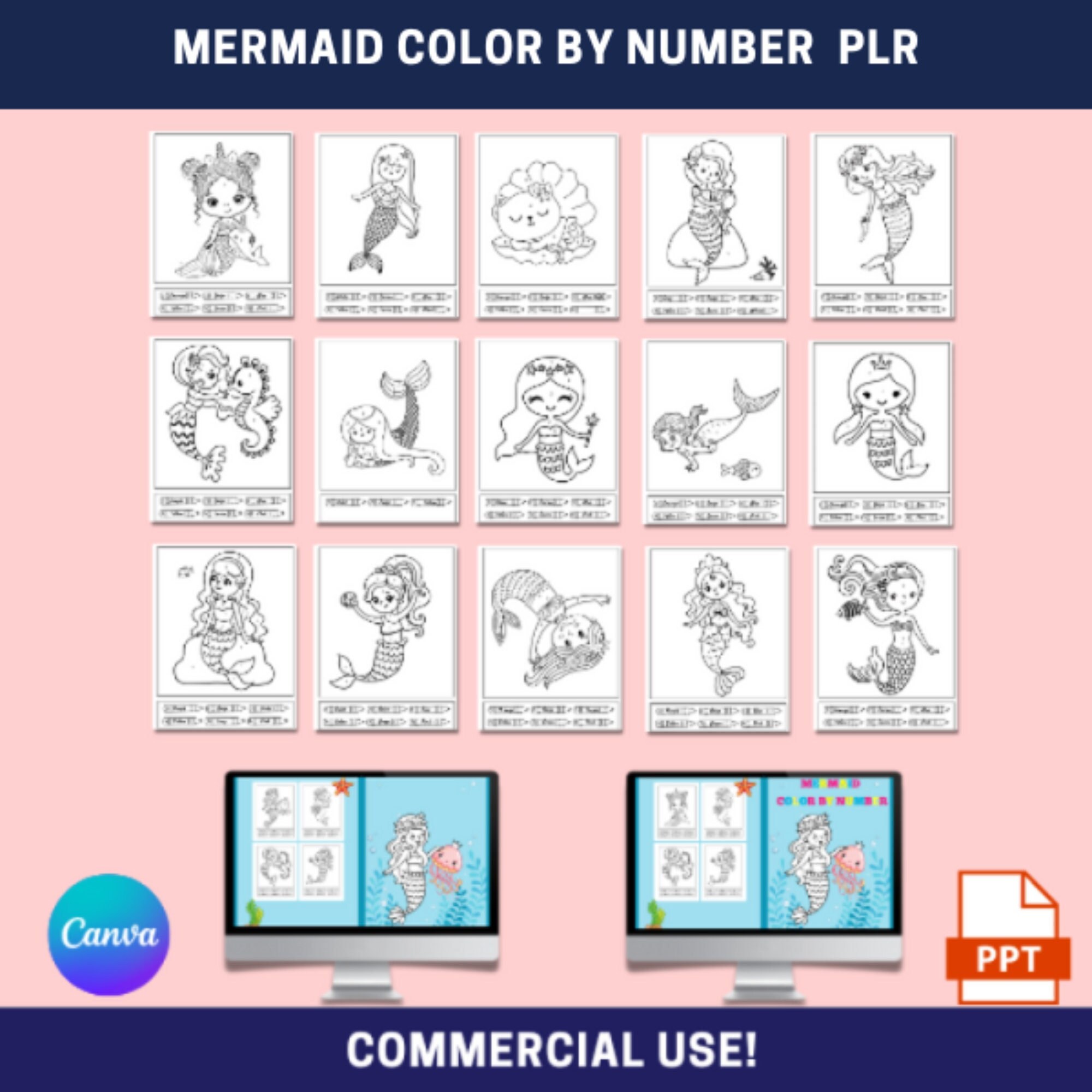 Enchanting Mermaid Color by Number PLR - Instant Download - Commercial ...
