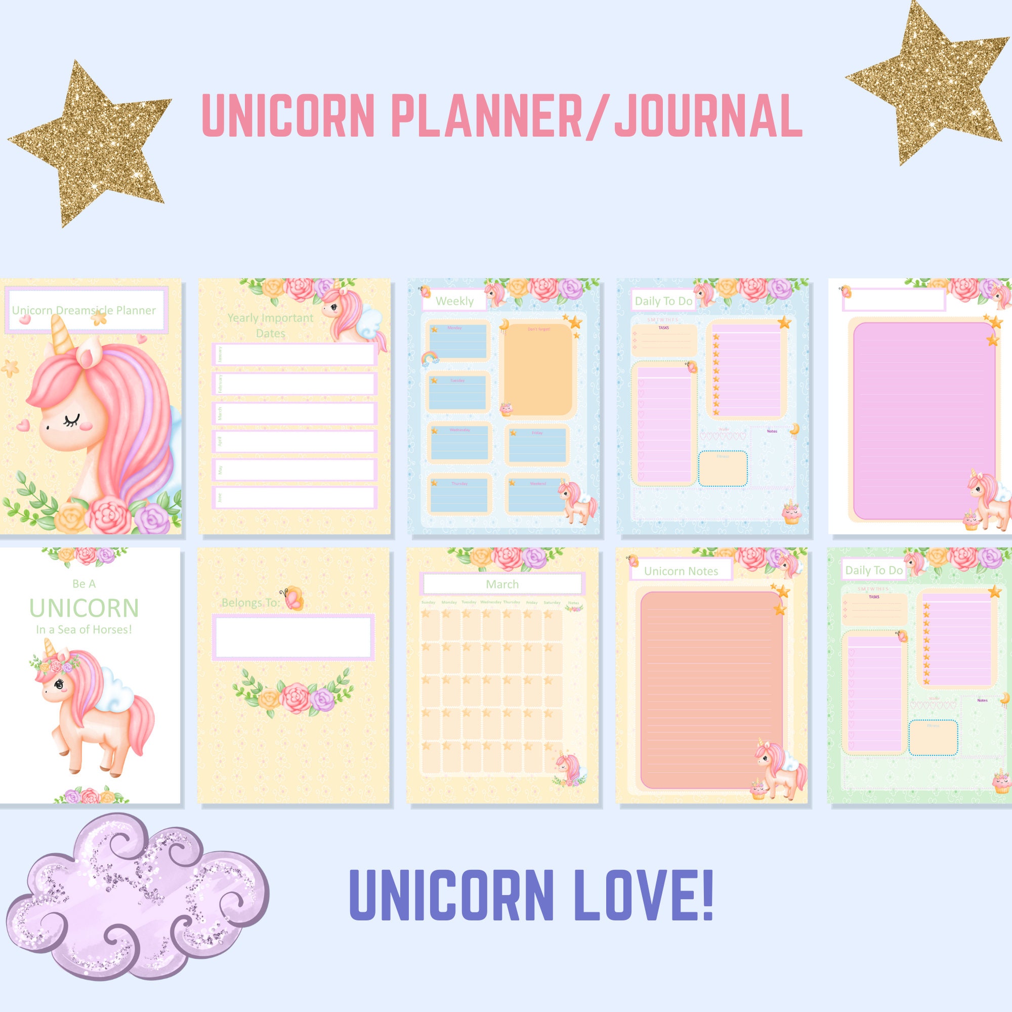 Unicorn Dreams Journal Template, Note Taking Planner, Printable to Do ...