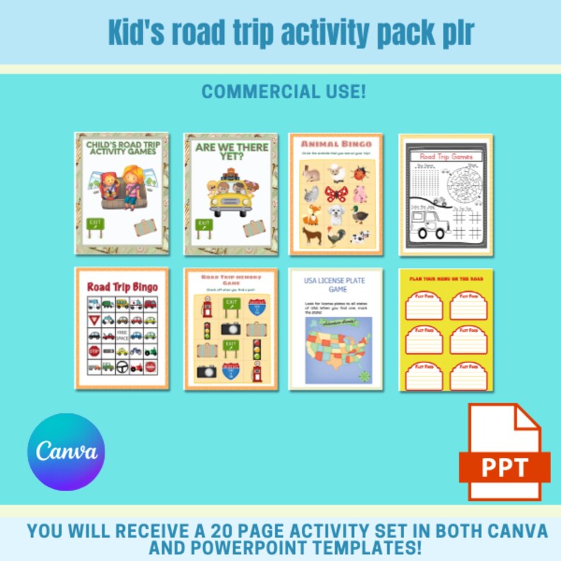 Commercial Use PLR Kid's Road Trippin Activity Games- Canva and ...