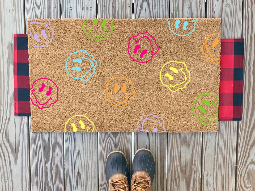Bright Rainbow Colorful Retro Melted Smiley Face Pattern Doormat Groovy ...