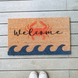 Crab and Beach Themed Welcome Mat Cute Summer Welcome Mat Coir Doormat ...