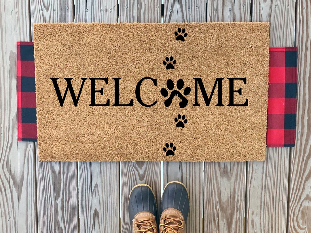 Welcome Mat With Cat Silhouette and Paw Print Trail Cat Welcome Mat Paw ...