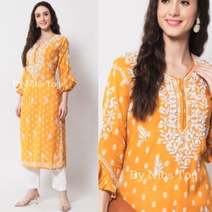 Nibs Tog Mustard Yellow Chikankari Kurti for Women Cotton With Bell ...