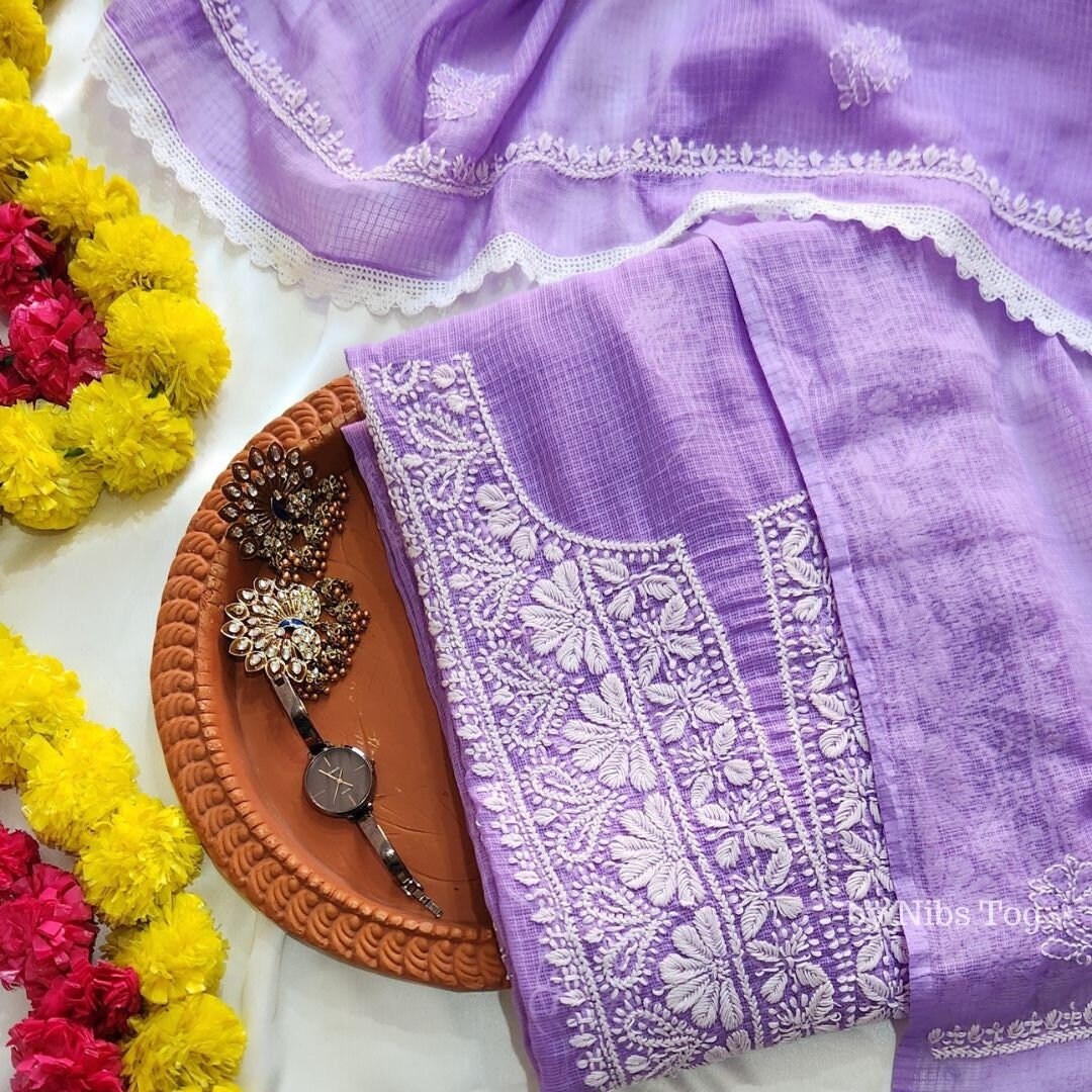 Lilac Kota Cotton Chikankari Suit Unstitched Fabric Customizable Indian ...
