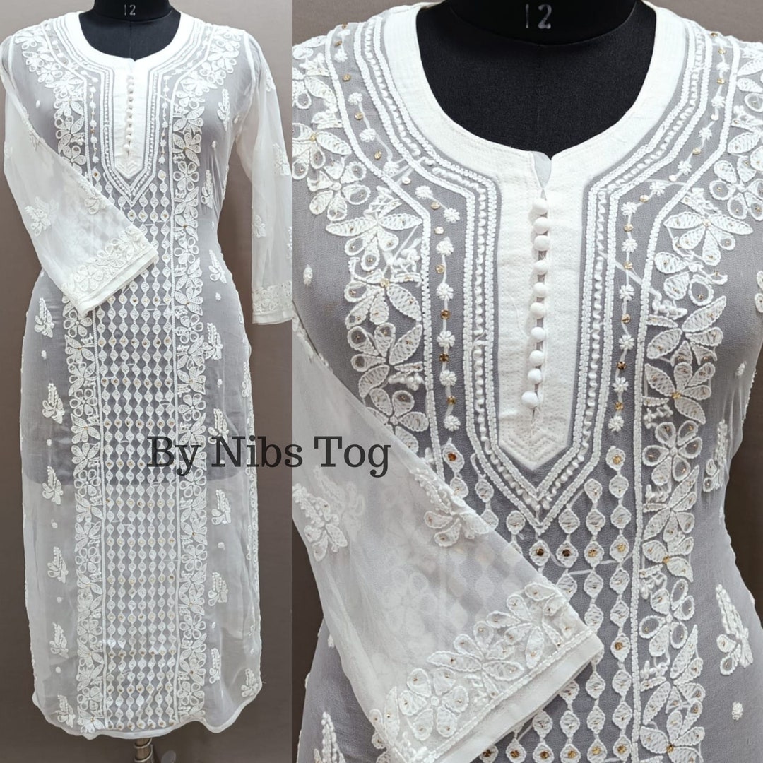 White Chikankari Kurta for Women, Georgette Chikankari Kurti With FREE ...