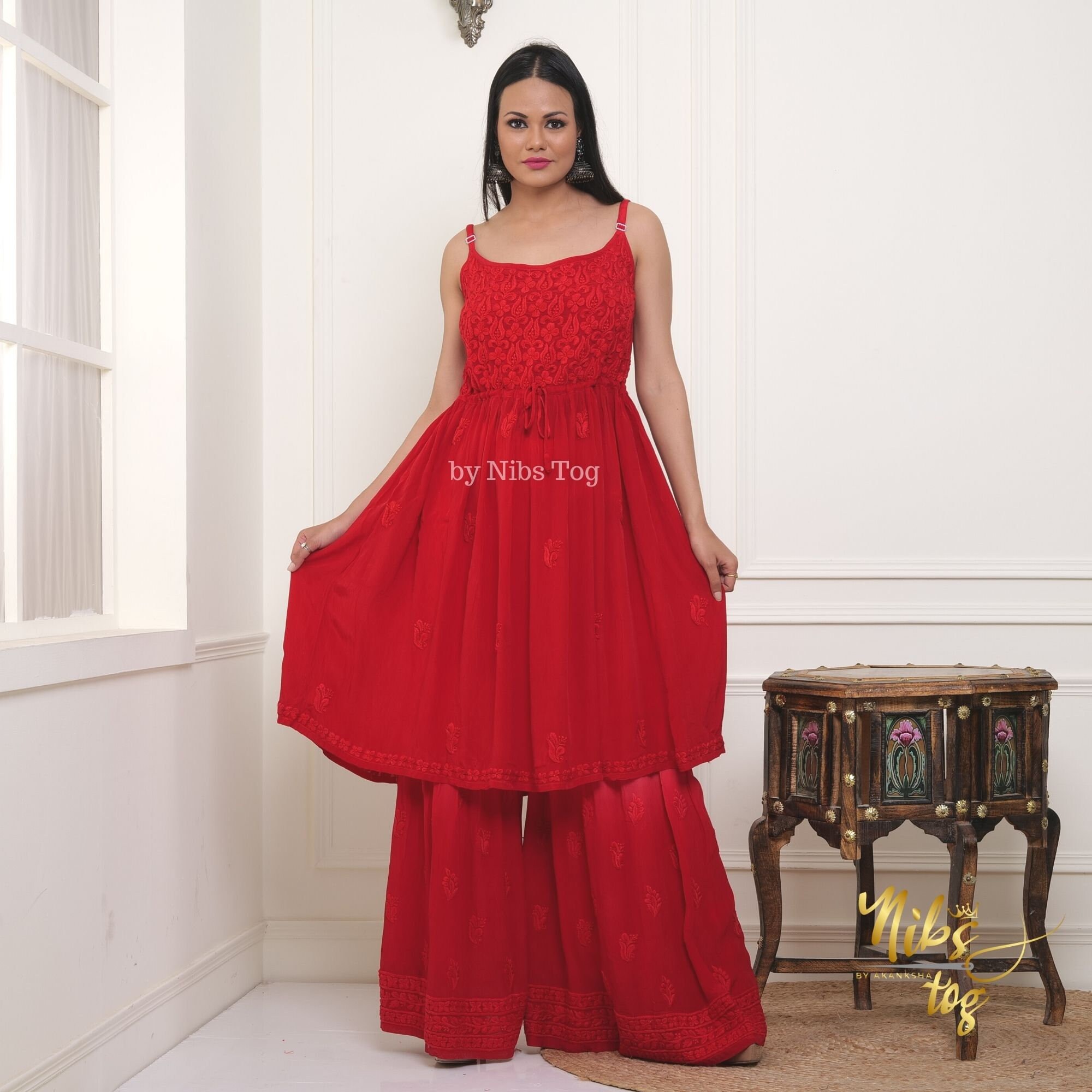 Strappy Chikankari Sharara Suit Set With Dupatta Red Garara - Etsy