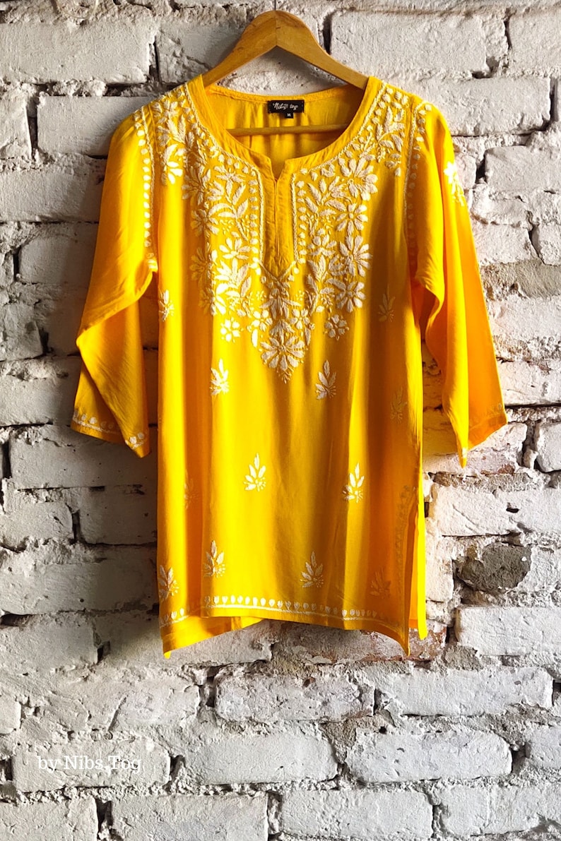 Handmade Yellow Chikankari Short Kurta for Women Casual Wear - Etsy