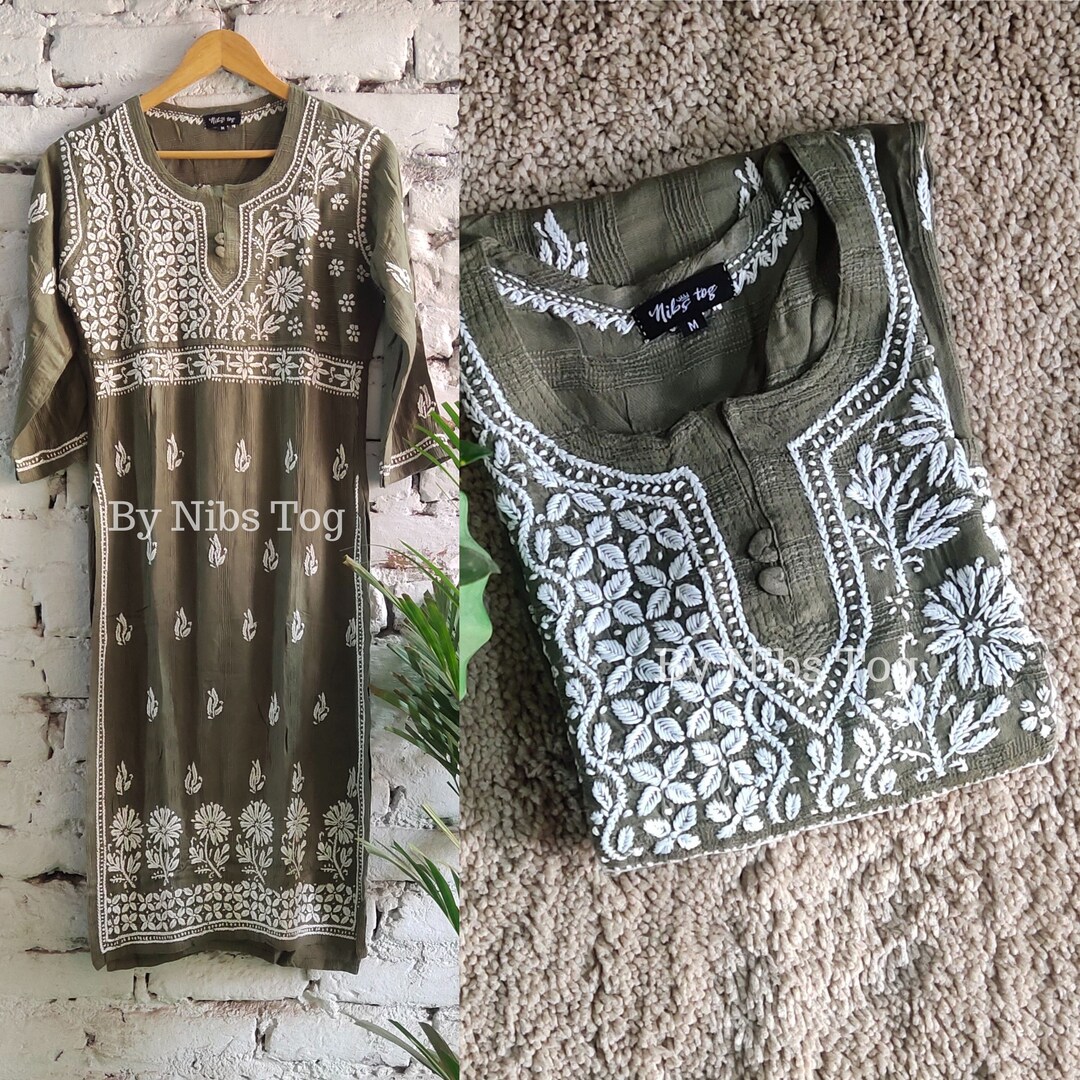 Nibs Tog Handmade Olive Green Lucknowi Chikankari Kurta Pant Set Ryon ...