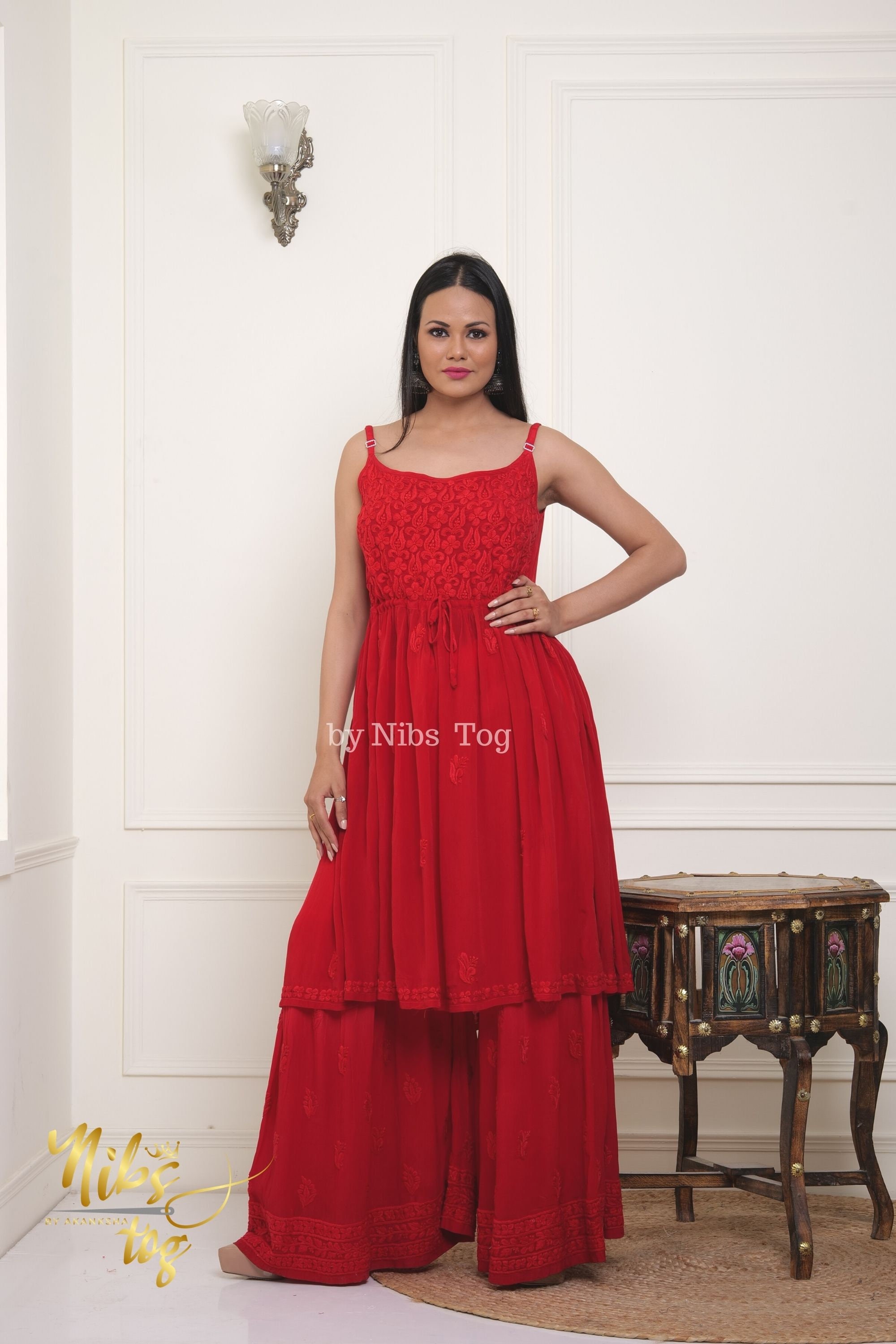 Strappy Chikankari Sharara Suit Set With Dupatta Red Garara - Etsy