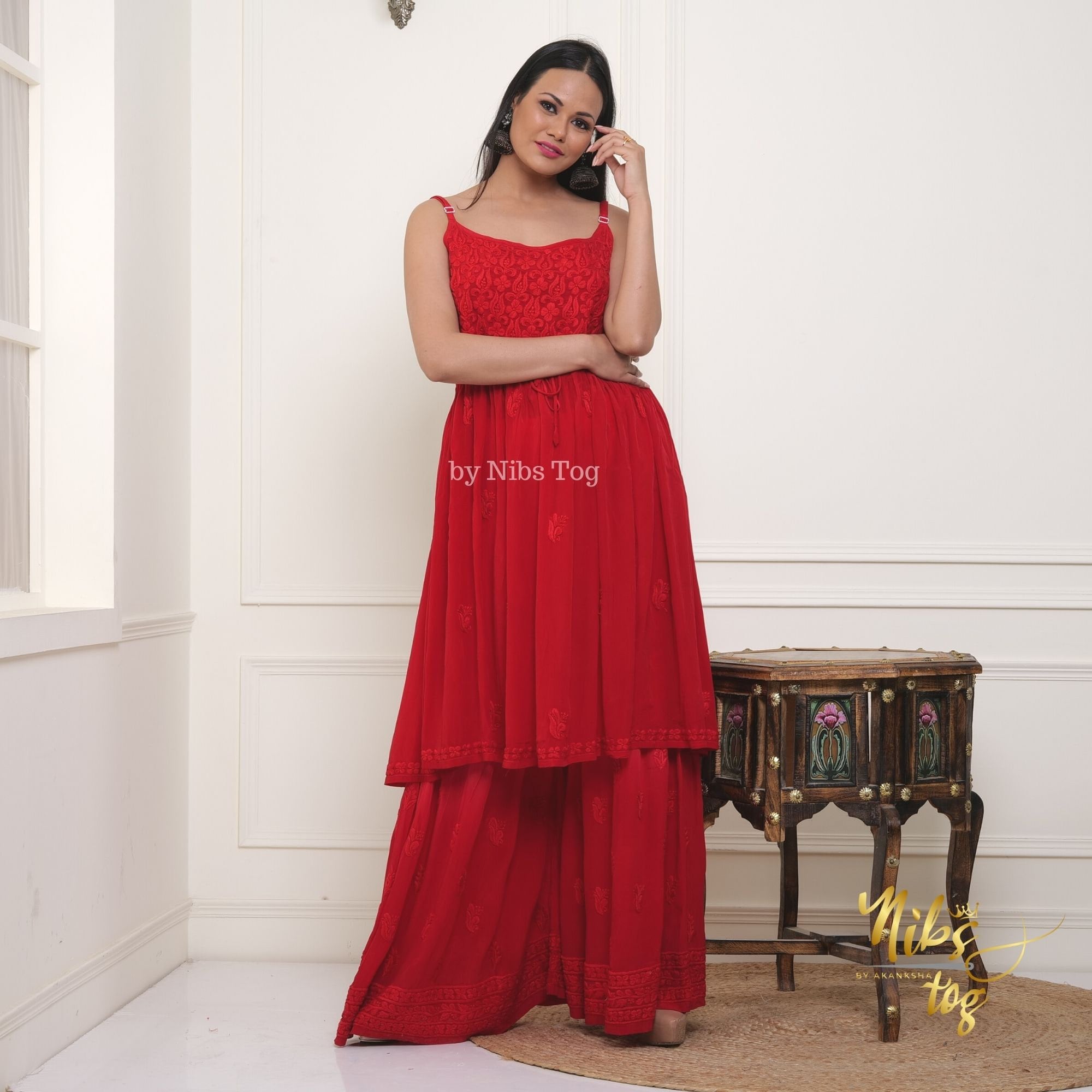 Strappy Chikankari Sharara Suit Set With Dupatta Red Garara - Etsy