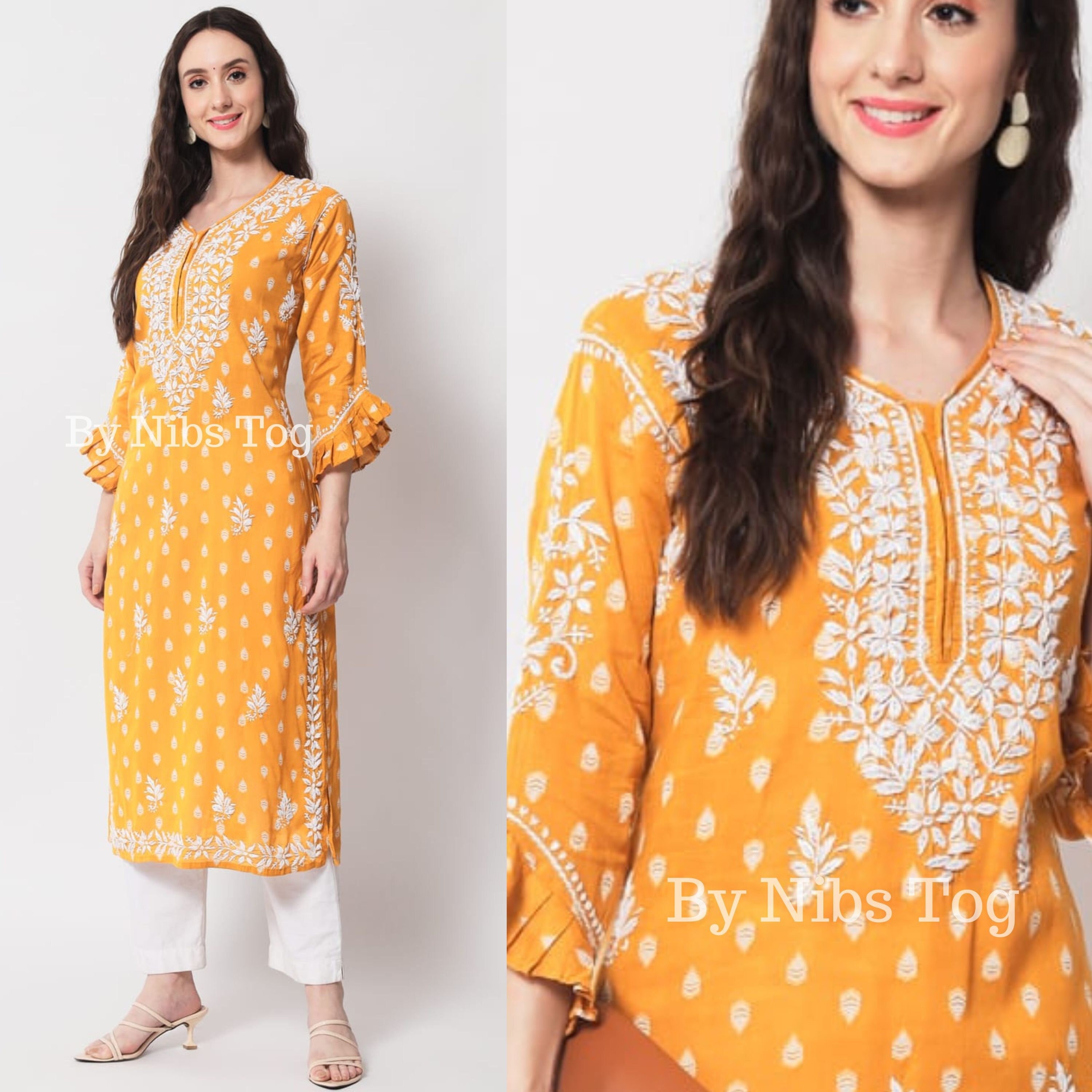 Nibs Tog Mustard Yellow Chikankari Kurti for Women Cotton With - Etsy