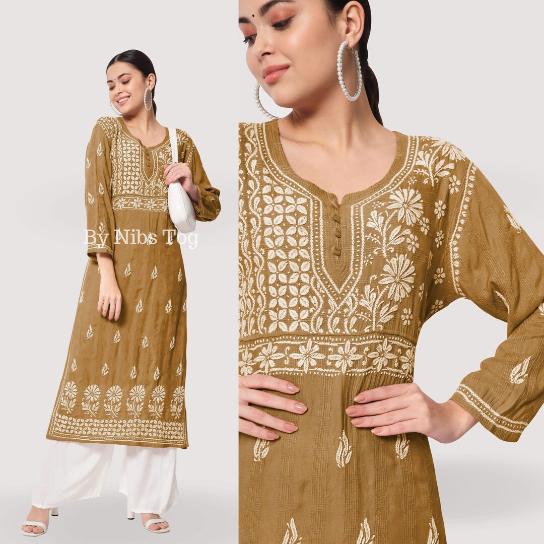 Long Cotton Chikankari Kurta for Women Brown, Non Transparent Ryon ...