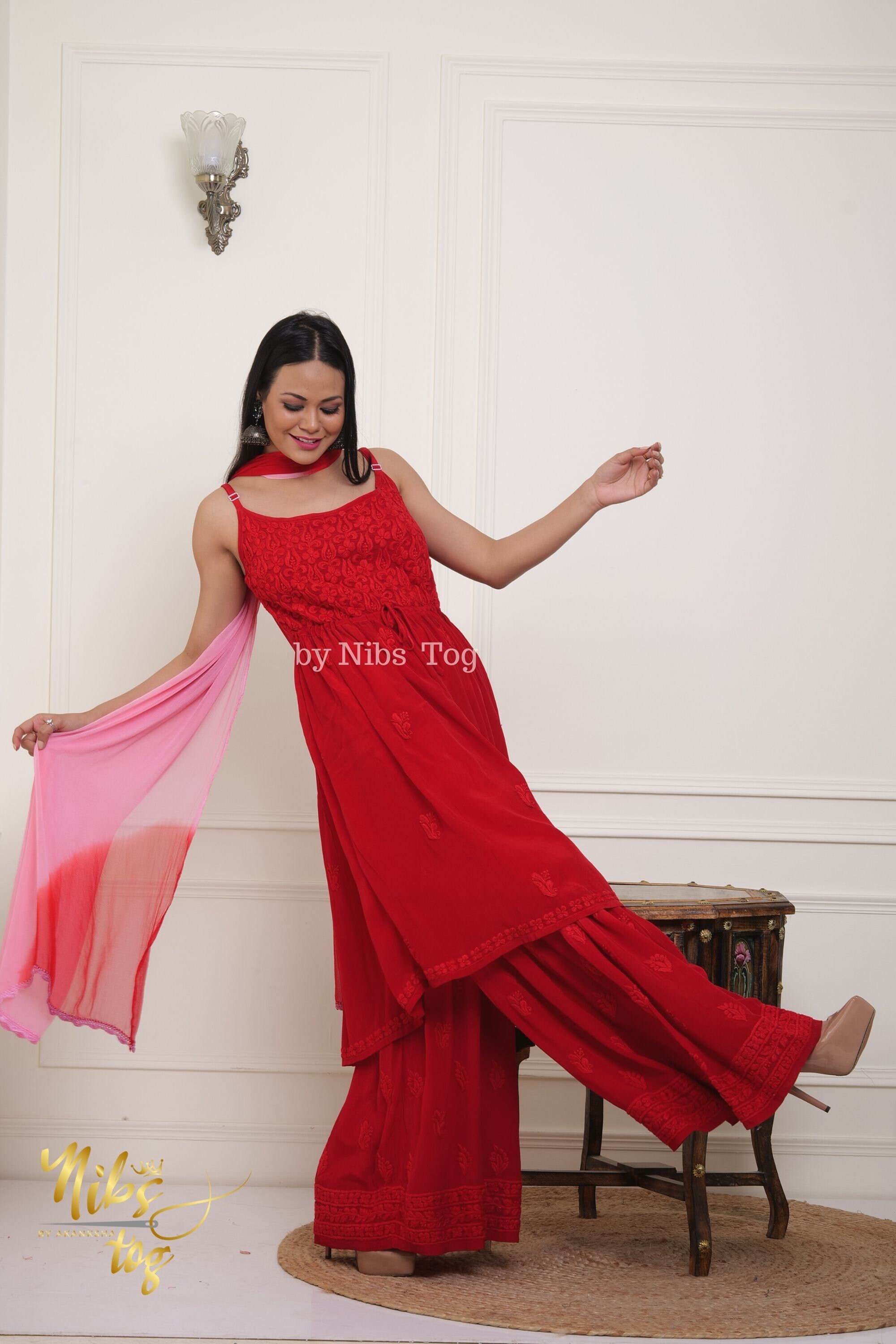 Strappy Chikankari Sharara Suit Set With Dupatta Red Garara - Etsy