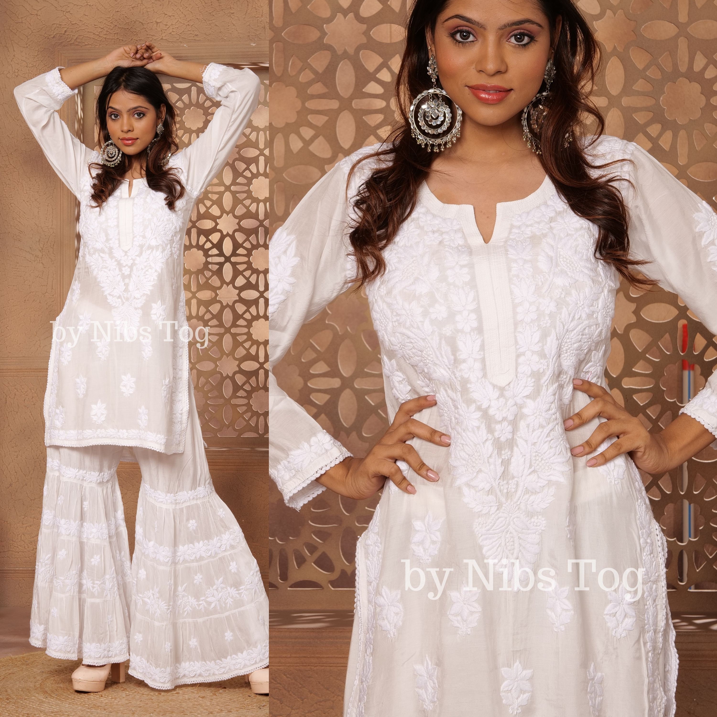 Handcrafted White Chikankari Kurta Garara Set Ethereal Embroidery on ...