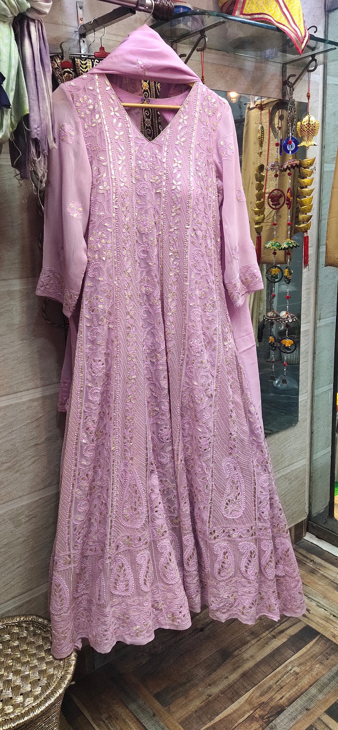 Lilac Indian Wedding Anarkali Suit for Women, Lucknowi Chikankari ...
