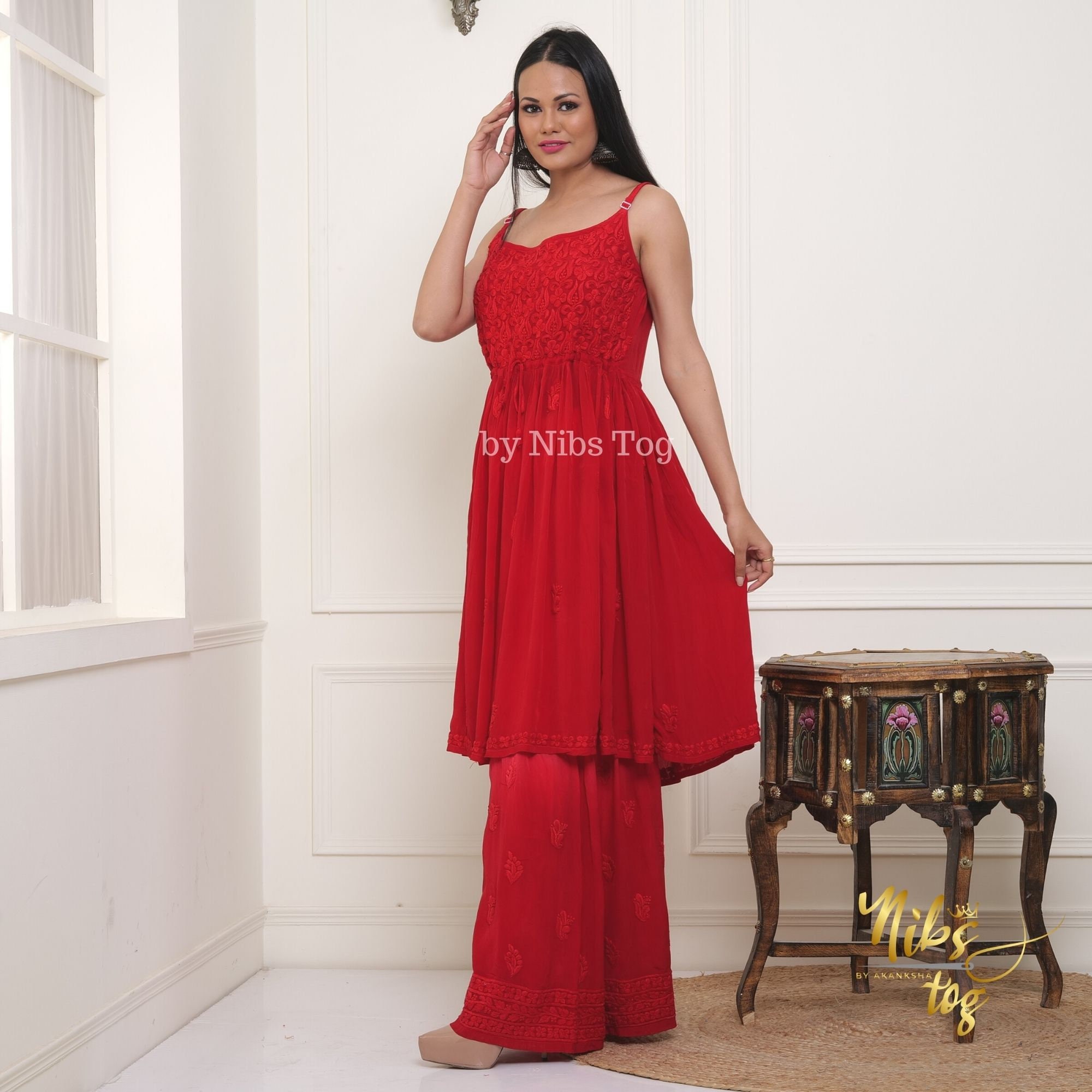 Strappy Chikankari Sharara Suit Set With Dupatta Red Garara - Etsy