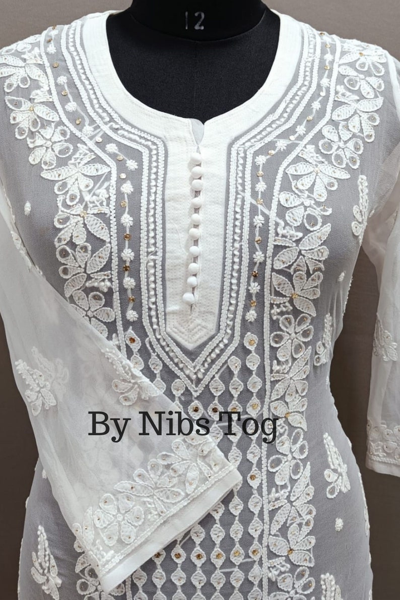 White Chikankari Kurta for Women, Georgette Chikankari Kurti With FREE ...