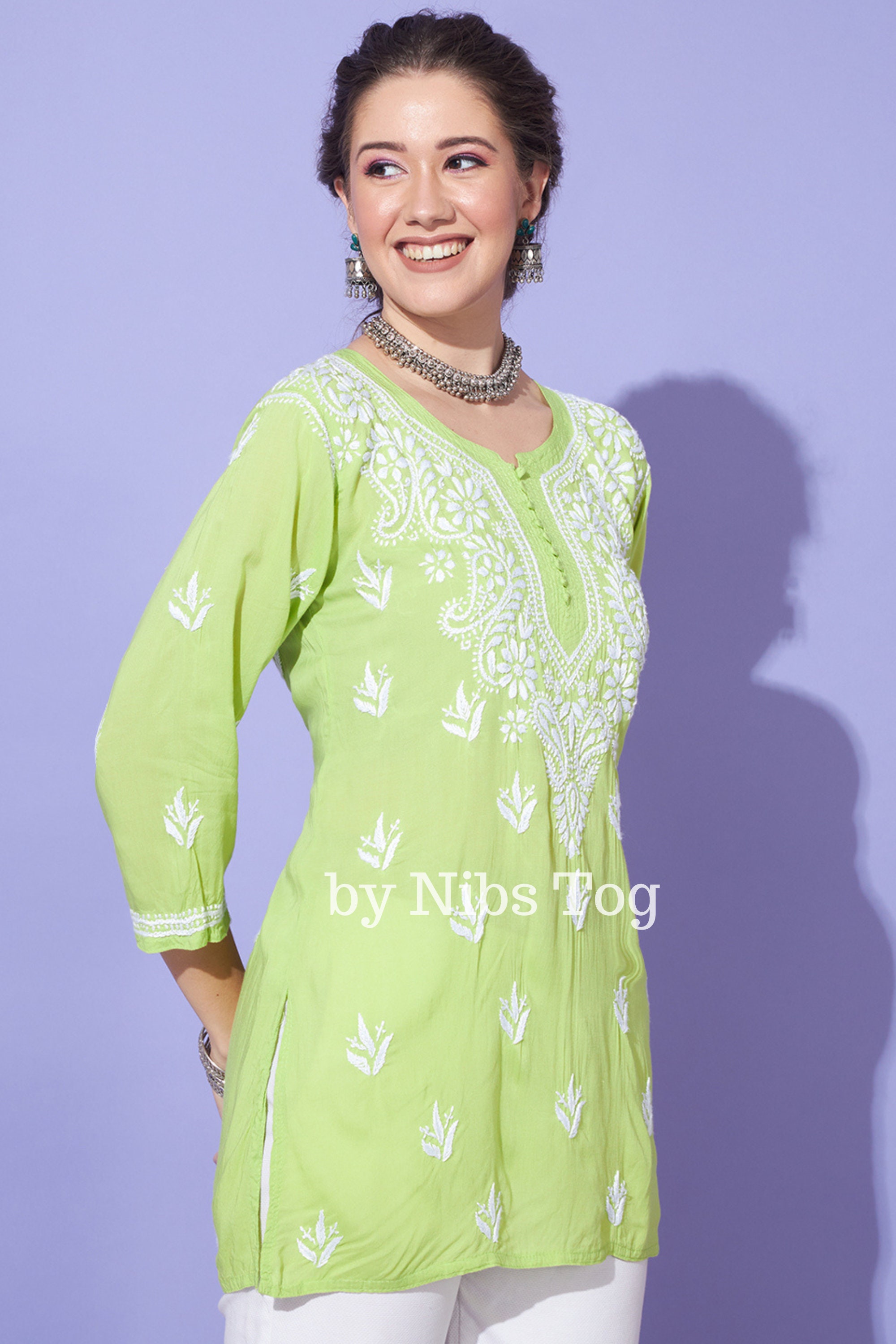 Modal Cotton Chikankari Short Kurta Neon Green for Women Straight Style ...