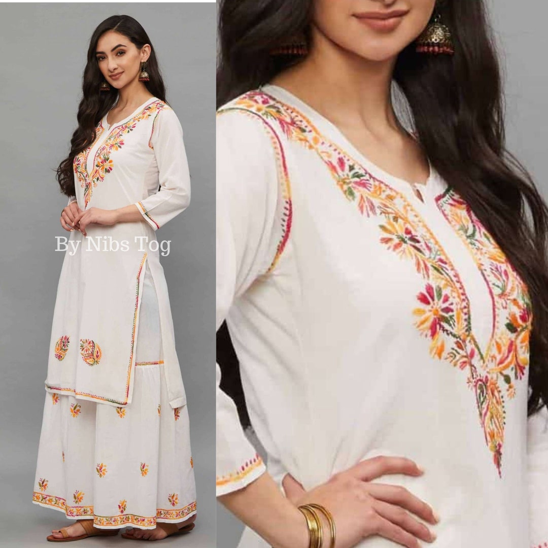 Nibs Tog White Chikankari Kurta Garara Set Cotton Multicoloured Thread ...