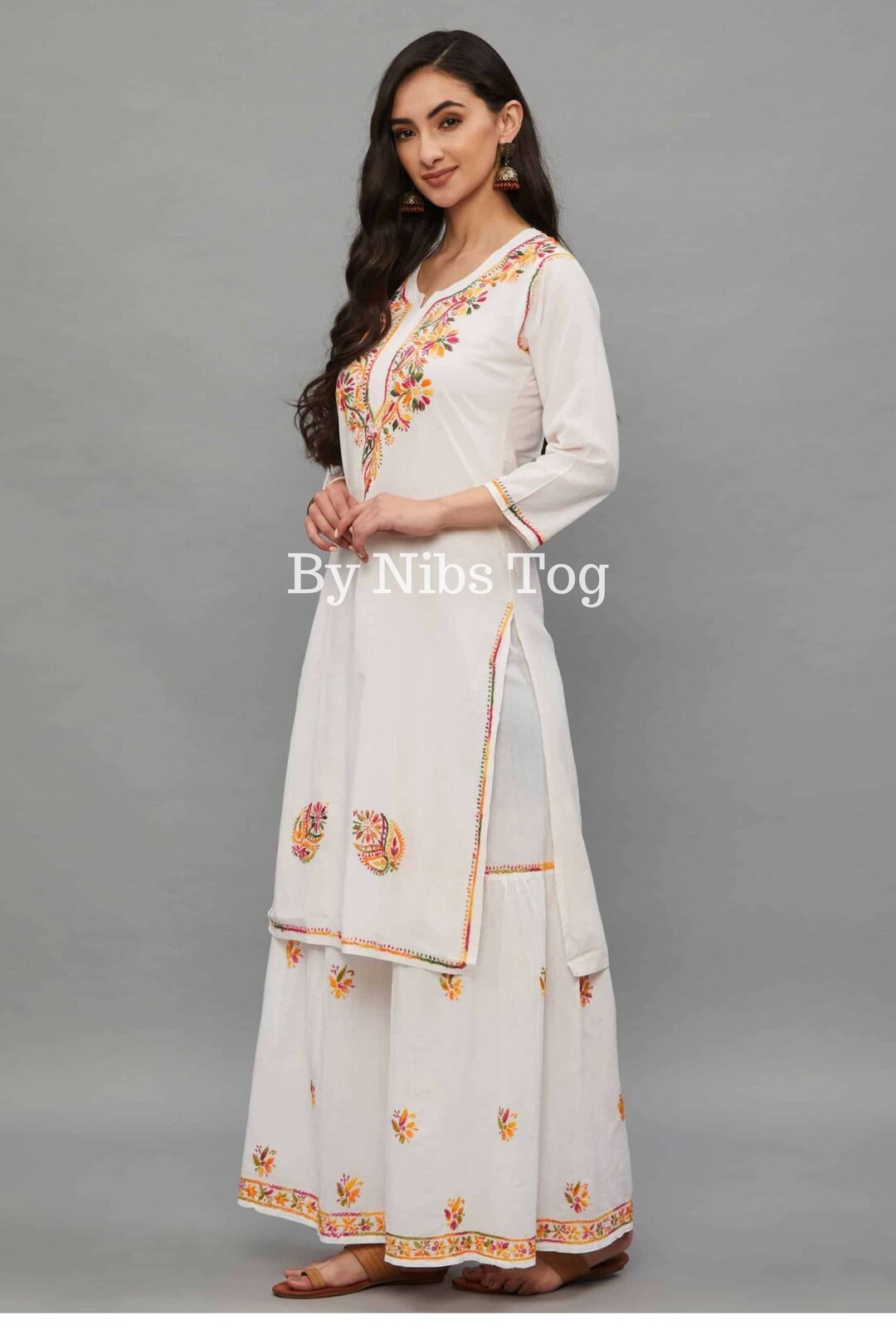 Nibs Tog White Chikankari Kurta Garara Set Cotton Multicoloured Thread ...