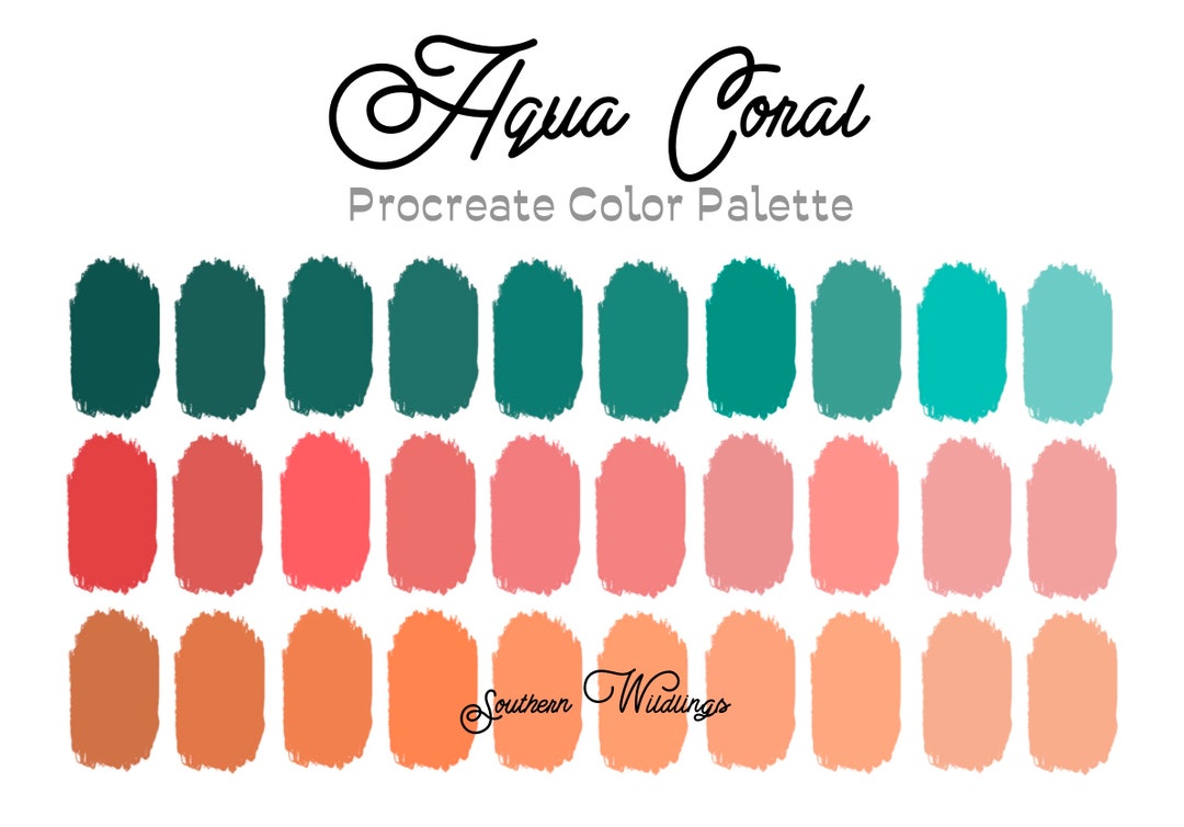 Aqua Coral Color Palette, Teal & Peach Shades, Procreate Swatches File ...