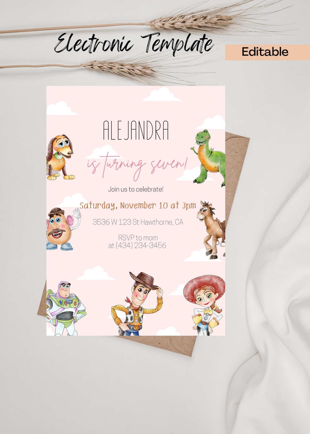 Pink Toy Story Birthday Invitation, Digital and Printable - Etsy