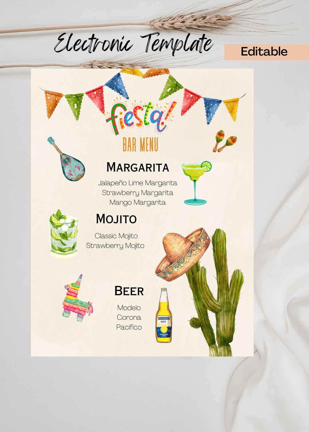 Fiesta Party Bar Menu, Watercolor Editable Bar Menu - Etsy