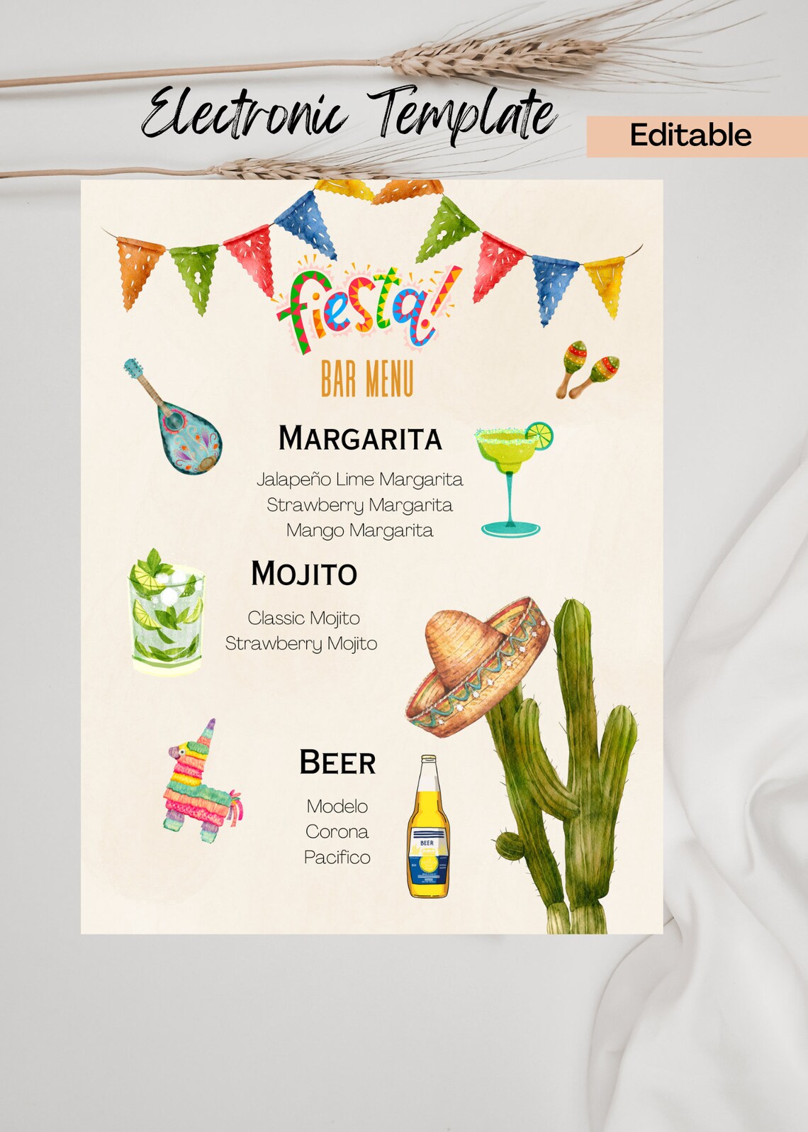 Fiesta Party Bar Menu Watercolor Editable Bar Menu - Etsy
