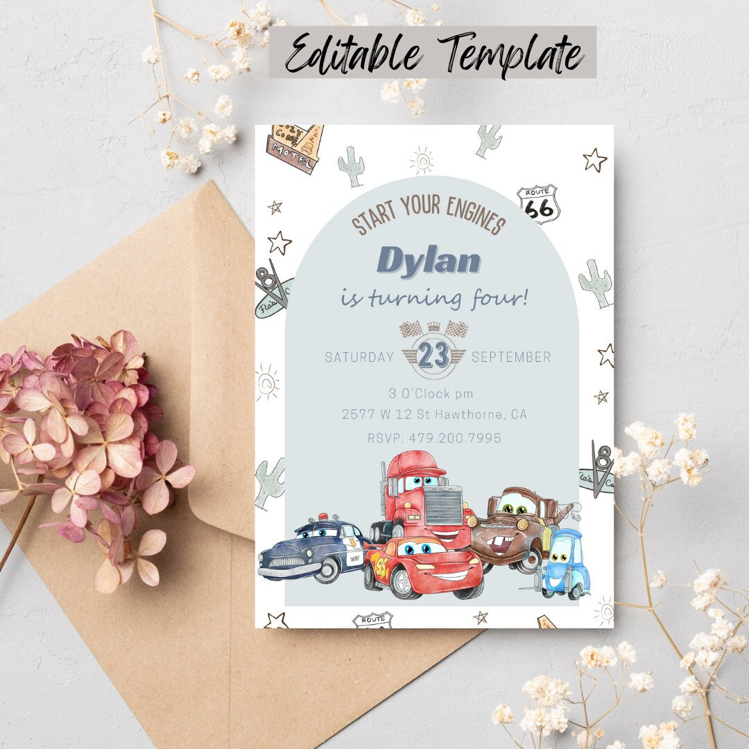 Editable Cars Birthday Invitation , Digital and Printable Lightning ...