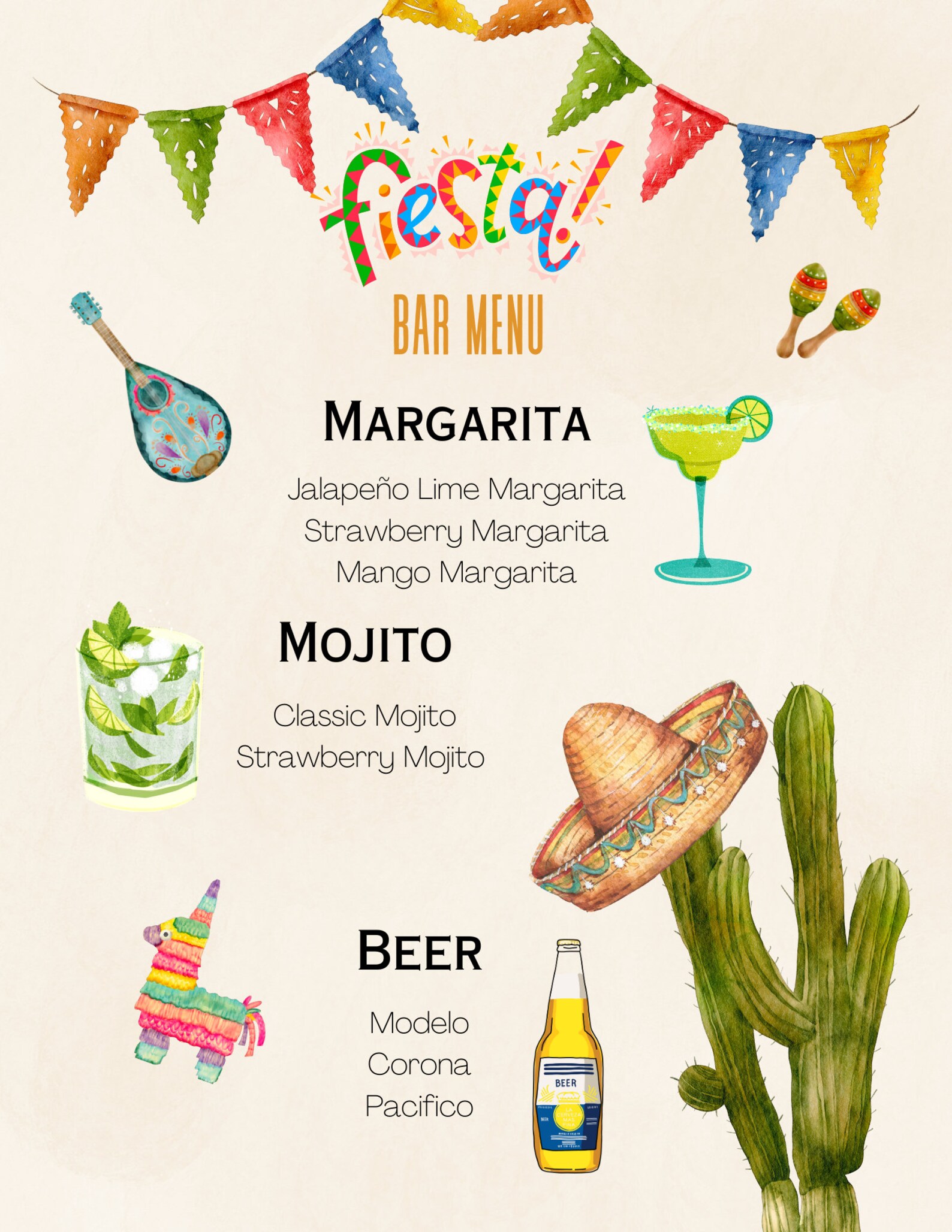Fiesta Party Bar Menu Watercolor Editable Bar Menu - Etsy