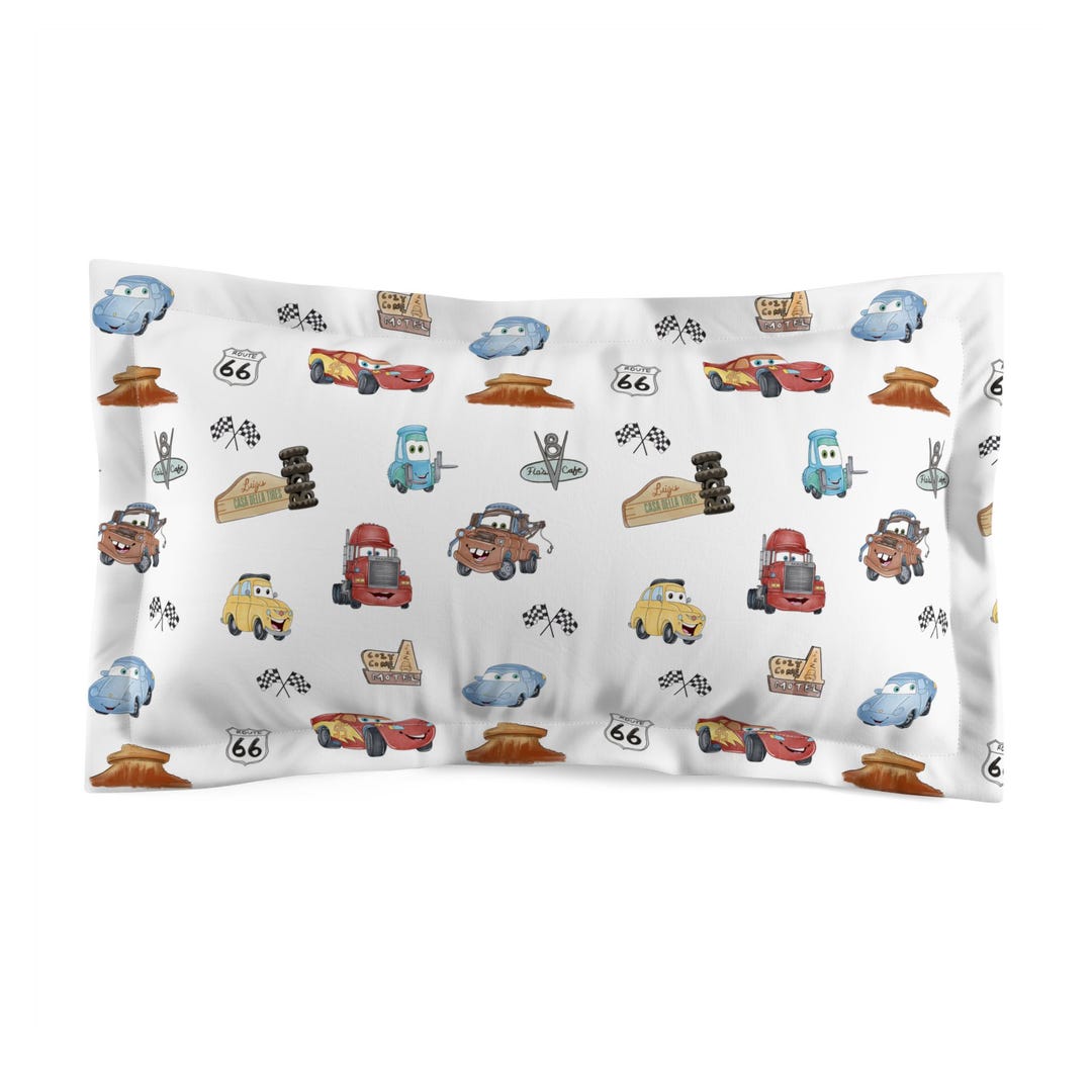Vintage Cartoon Cars Pillow Sham | Retro Route 66 Travel Auto Pattern ...