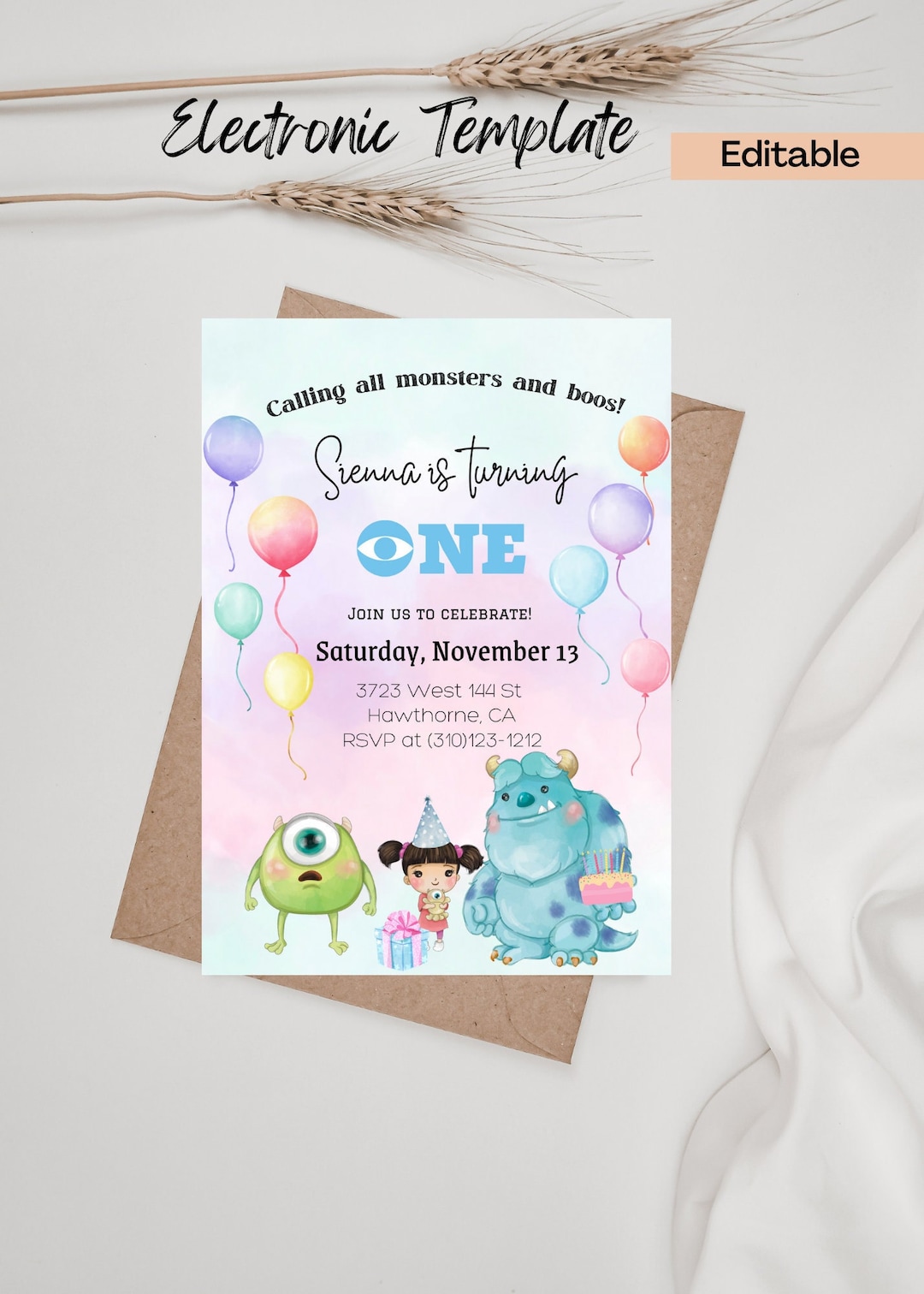 Monsters Inc First Birthday Invitation, Digital and Printable First ...