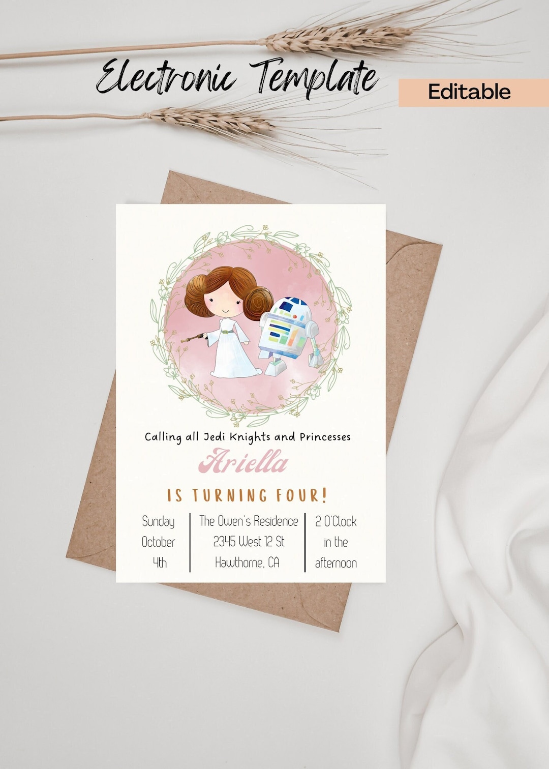 Princess Leia Birthday Invitation, Digital and Printable Star Wars ...