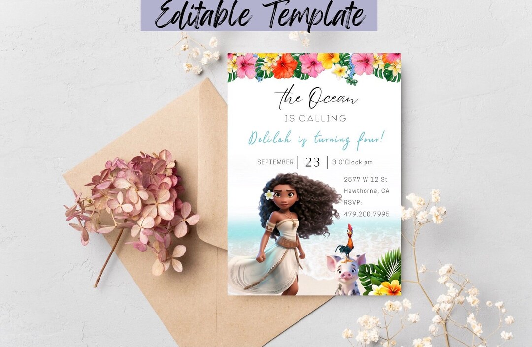 Editable Moana Birthday Invitation, Digital and Printable Princess ...