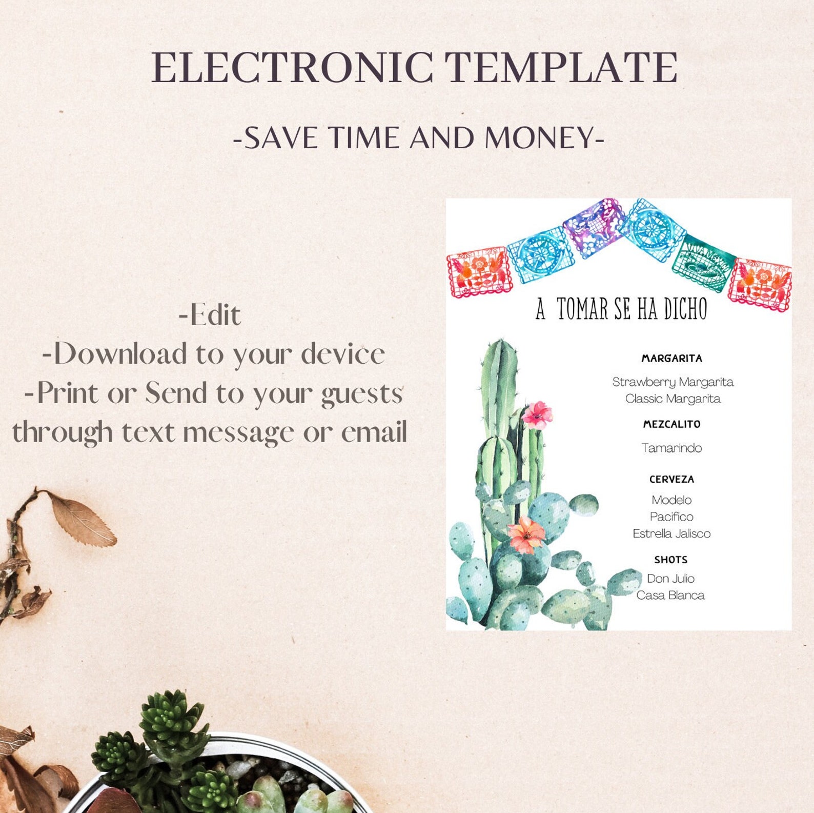Fiesta Party Bar Menu, Bar Menu Business Menu, Watercolor Editable Bar ...