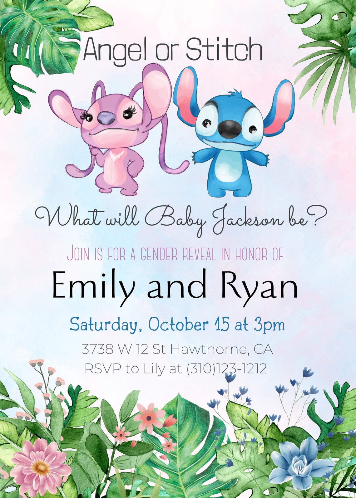 Angel and Stitch Gender Reveal Invitation, Digital and Printable Invite ...