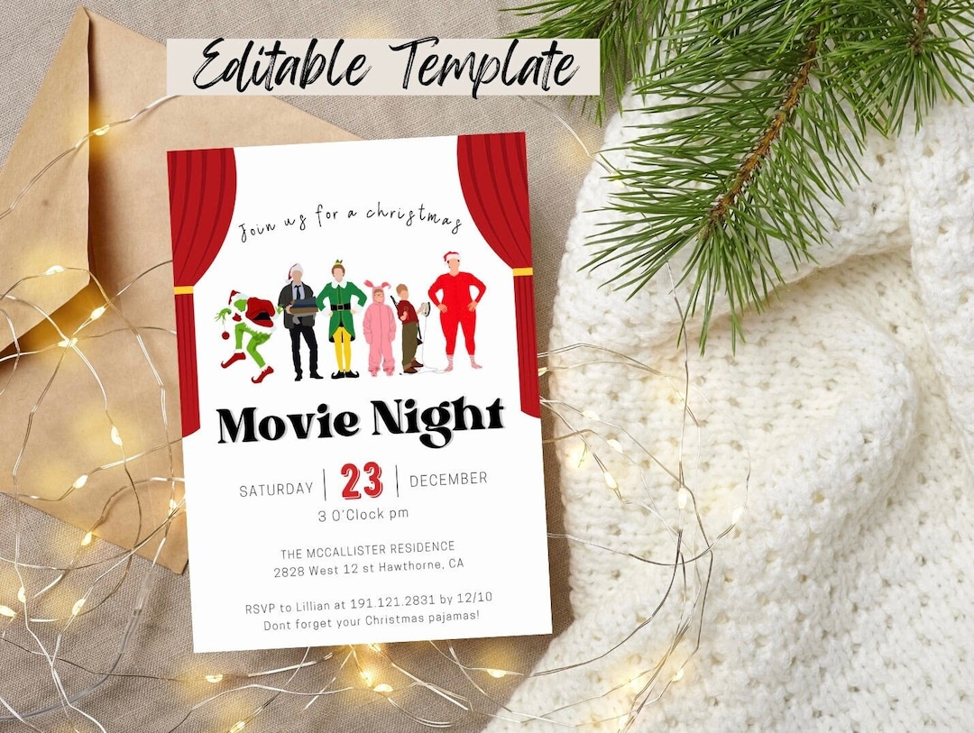 Editable Christmas Movie Party Invitation, Christmas Pajama and Movie ...