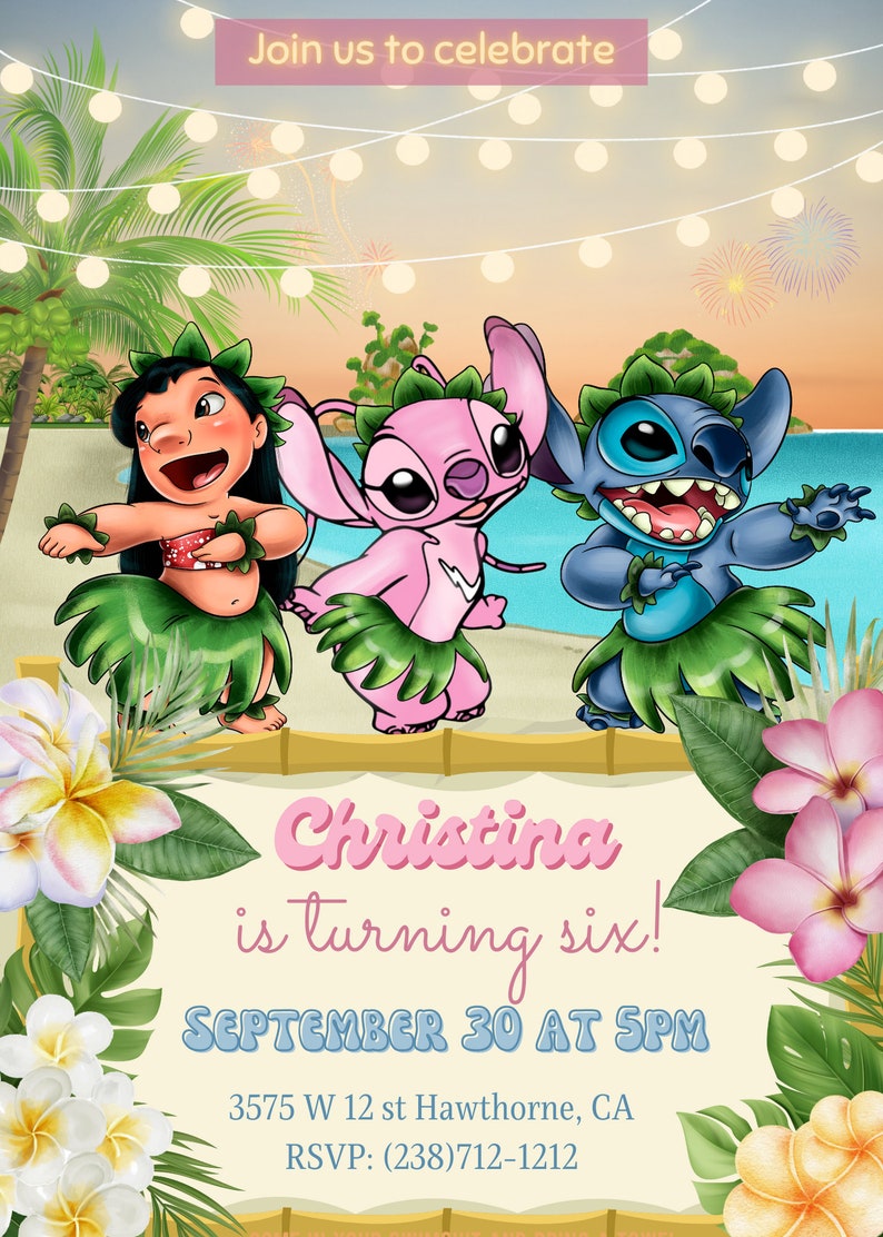 Lilo Stitch and Angel Birthday Invitation Digital and - Etsy