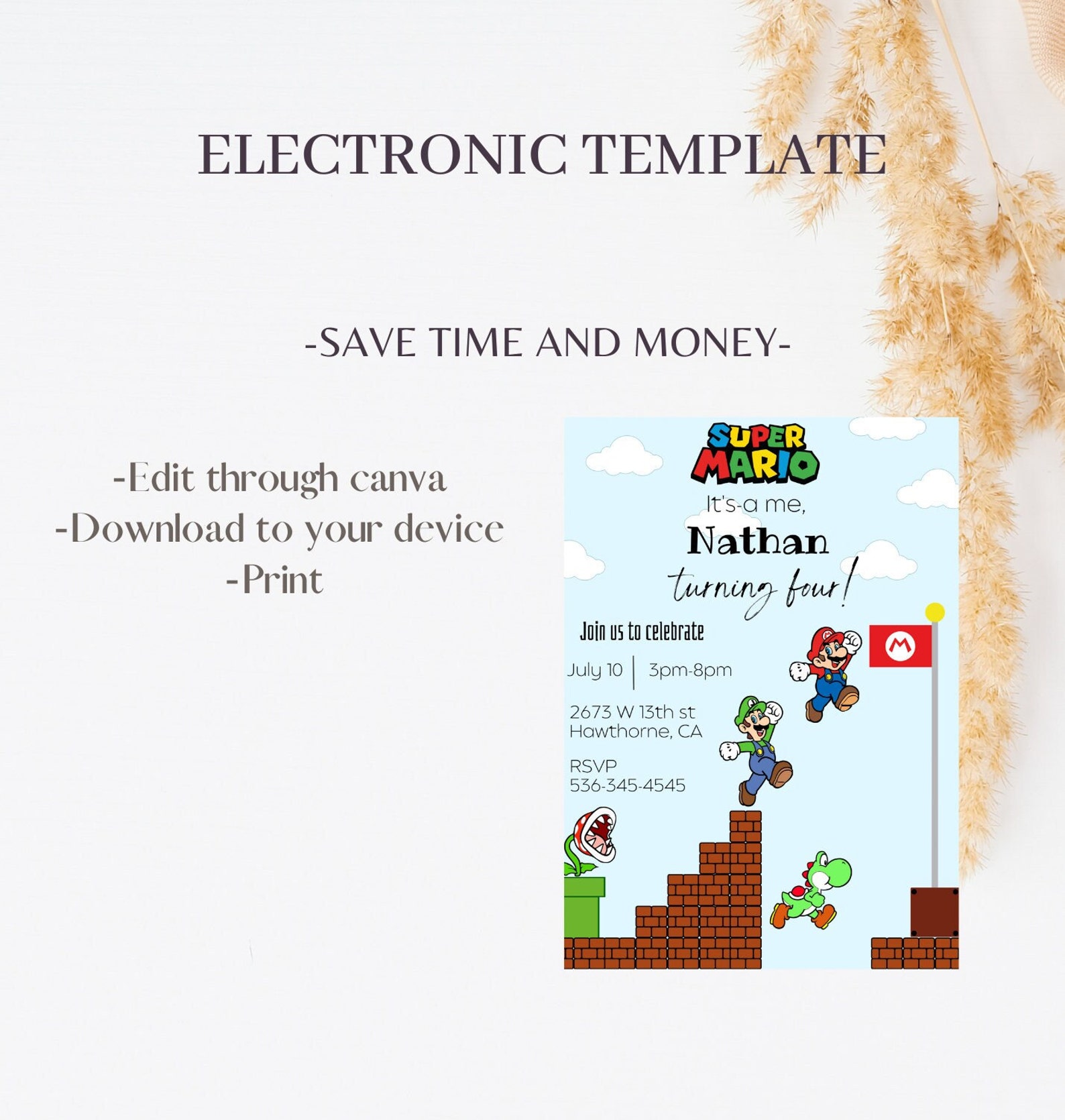 Super Mario Birthday Invitation, Digital and Printable Mario Invite ...
