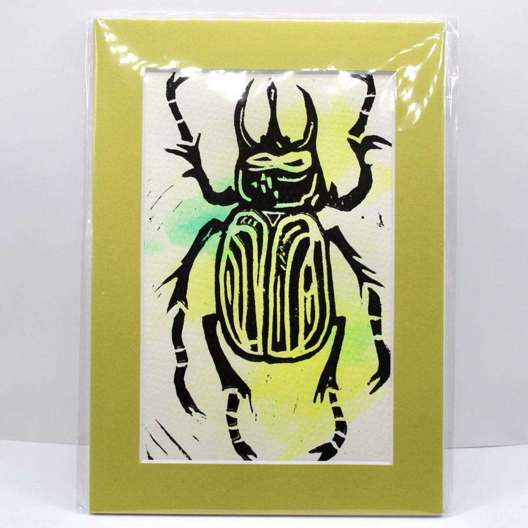 Beetle Print // Linocut, Block Print, Watercolor, Art - Etsy