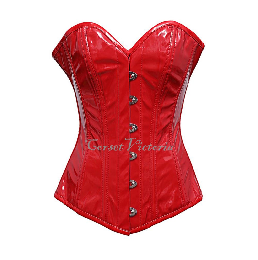 Red Pvc Leather Overbust Corset Gothic Christmas Costume Steampunk