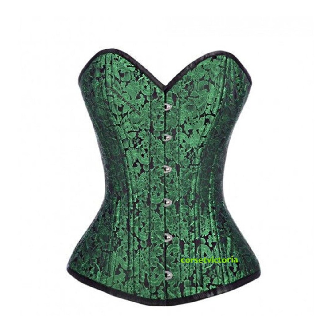 Green and Black Brocade Double Bone Overbust Corset Women Bustier Top ...