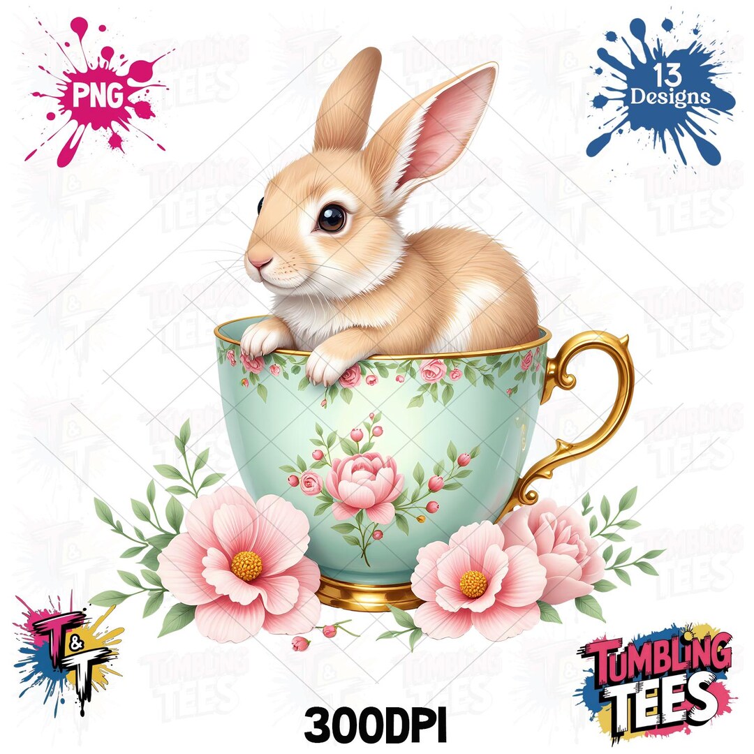 Whimsical Bunny in Teacup PNG Clipart Set – 15 High Res 300DPI Spring ...