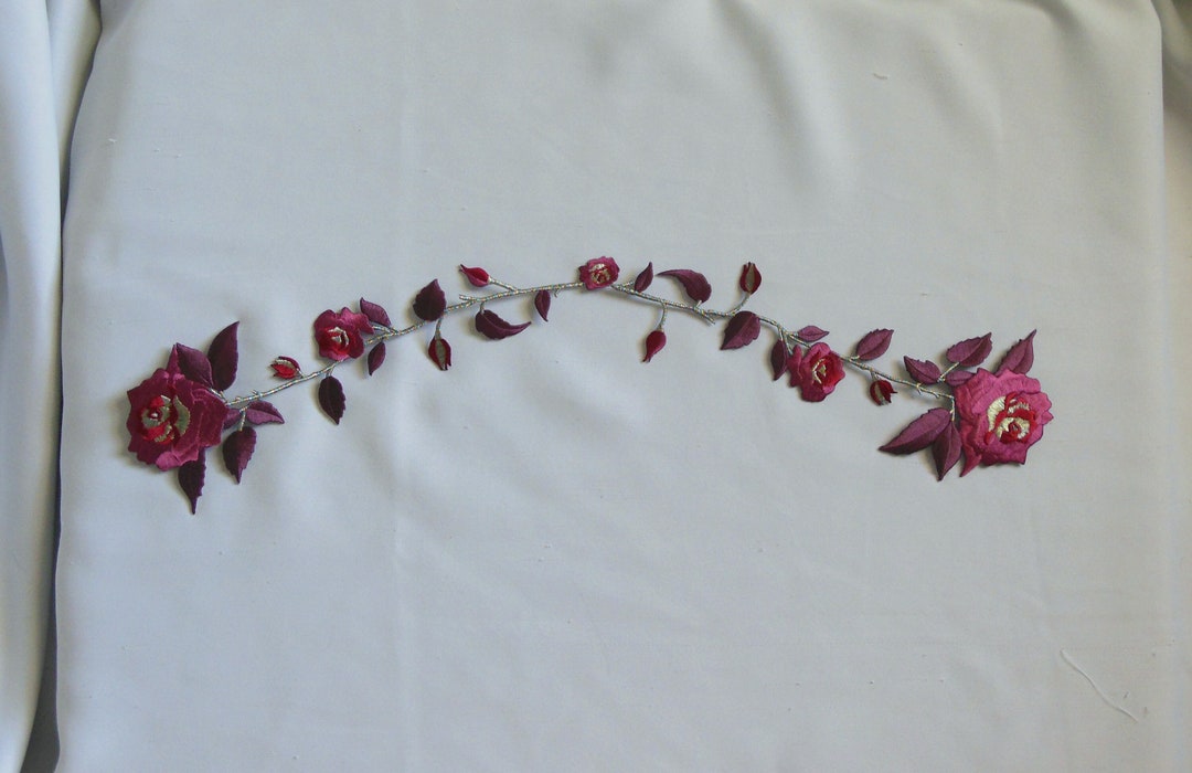 Deep Pink Rose & Vine Applique 22" Pink, Silver, Green Embellishment ...