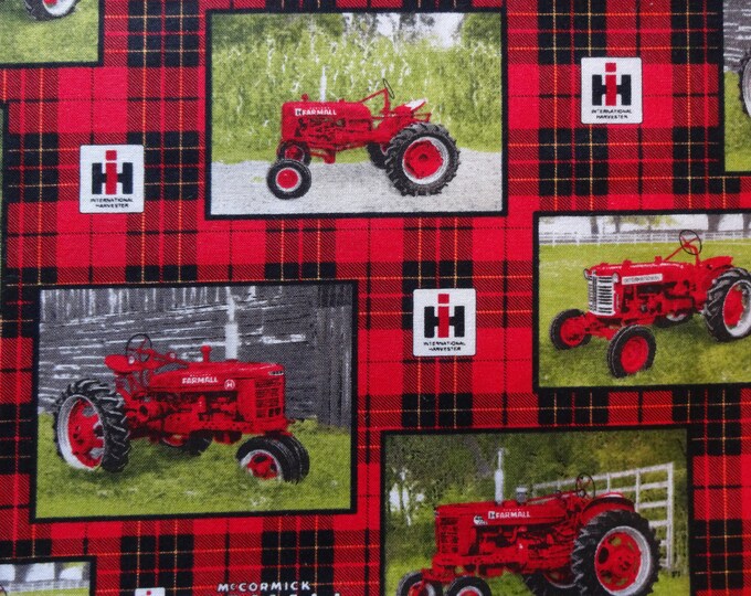 International Harvester Tractor Mccormick Farmall on Plaid Red Fabric ...