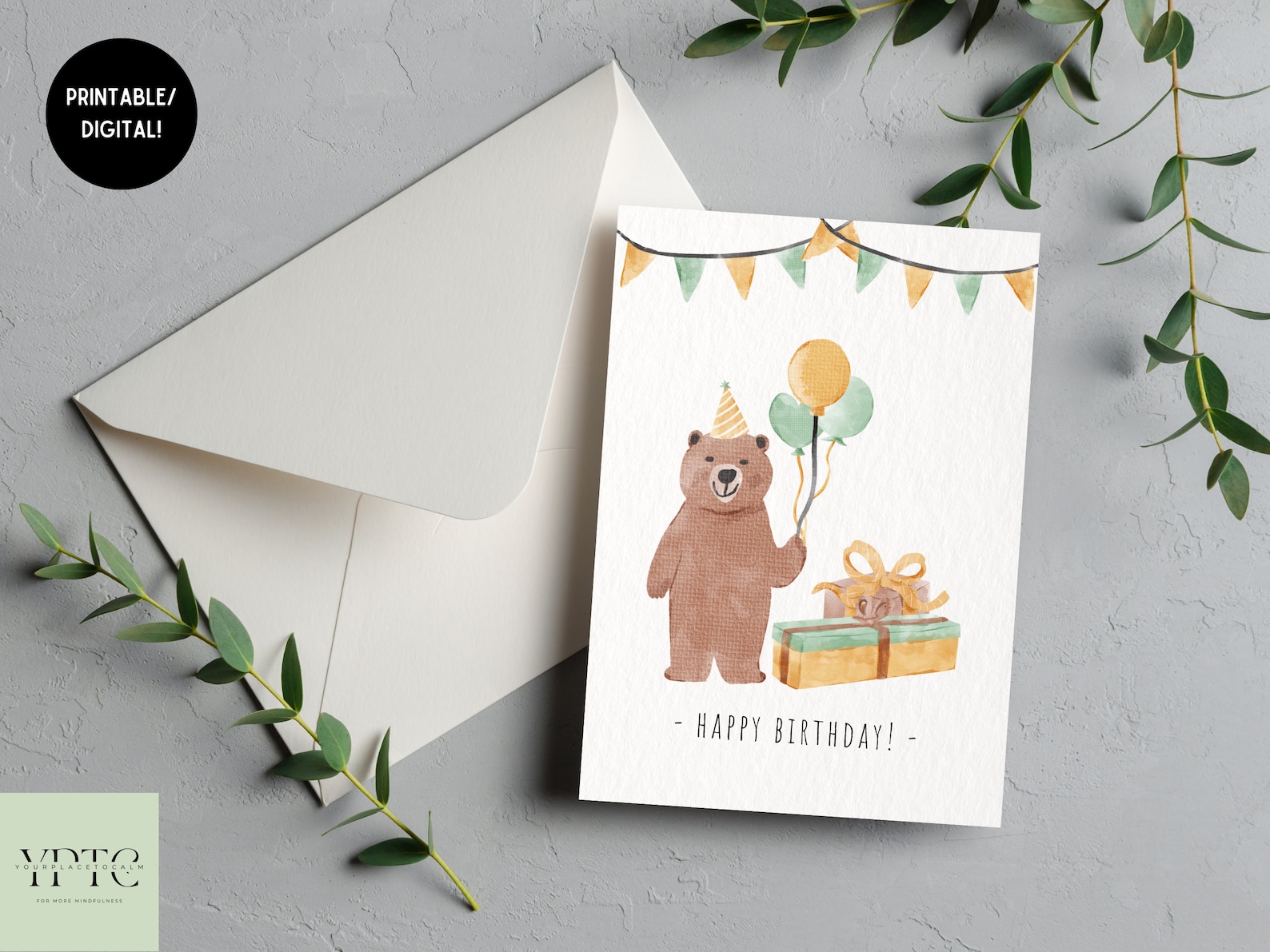 Printable Birthday Card Bear, Gifts and Balloons | Boho Style ...